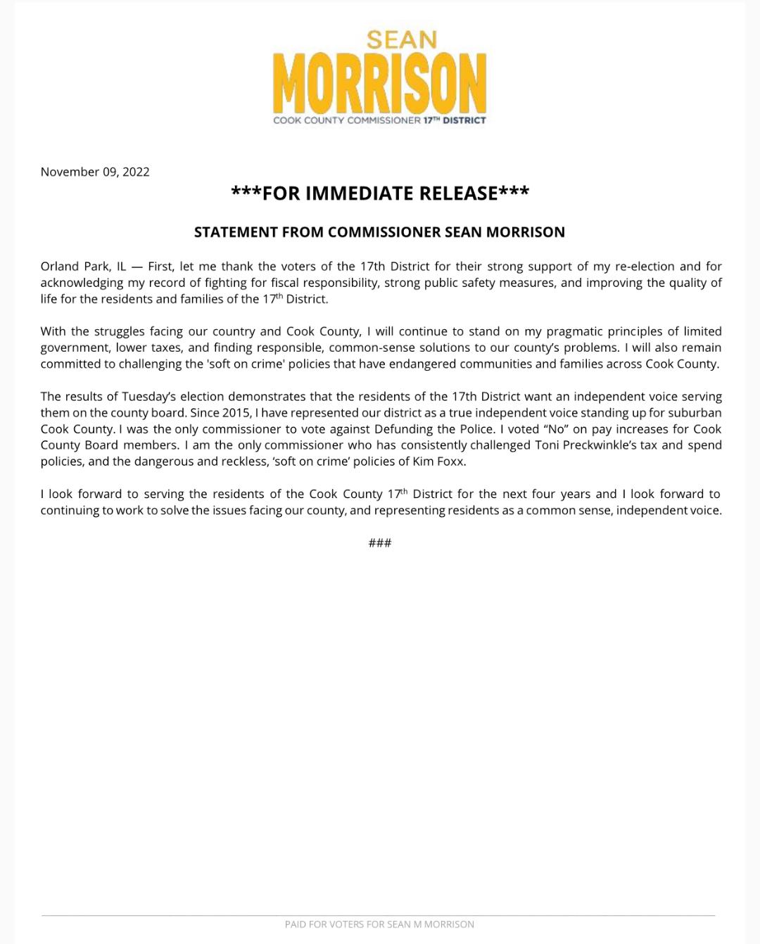 SEAN MORRISON WINS RE-ELECTION TO COOK COUNTY BOARD'S 17TH DISTRICT ...